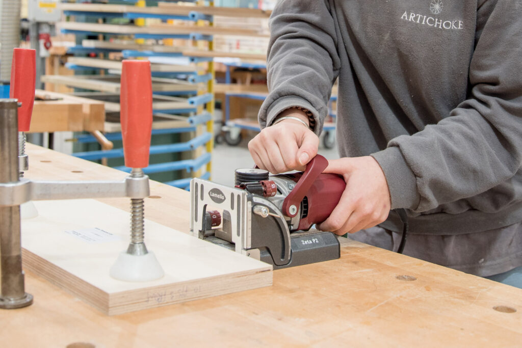 Lamello's Zeta P2 joiner allows easy, hand-held machining of P-System